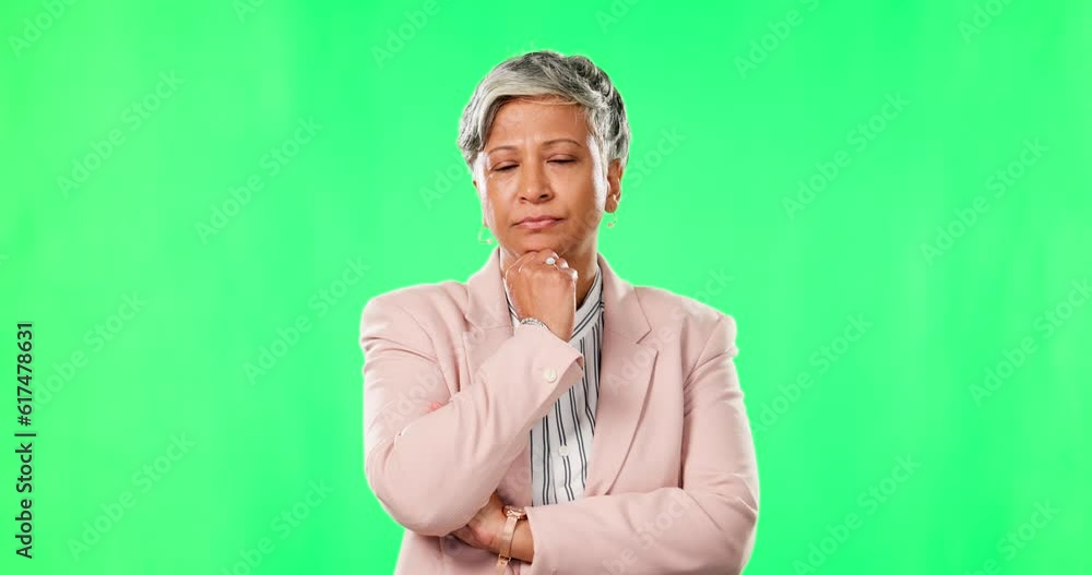 Green screen, no and senior woman face in studio with rejection, body ...