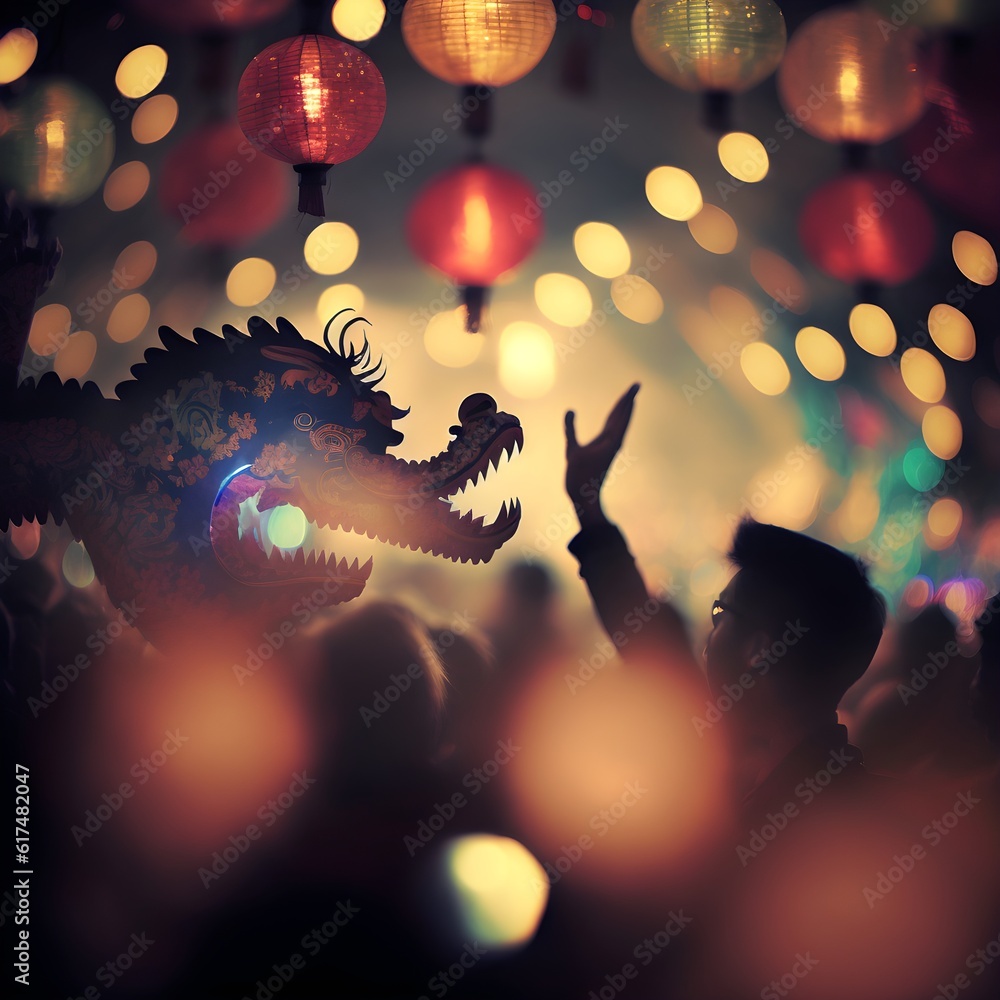 celebrating the chinese new year chinese lanterns chinese dragon people celebrating bokeh Stock ...