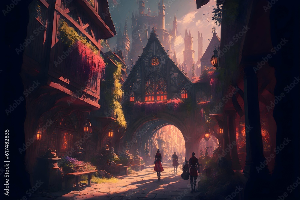 vivid colorful and picturesque tabern outside with people coming and ...