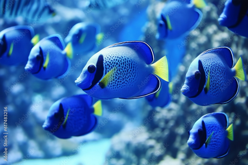 Tropical fish blue tang swimming in a blue water. Underwater world ...