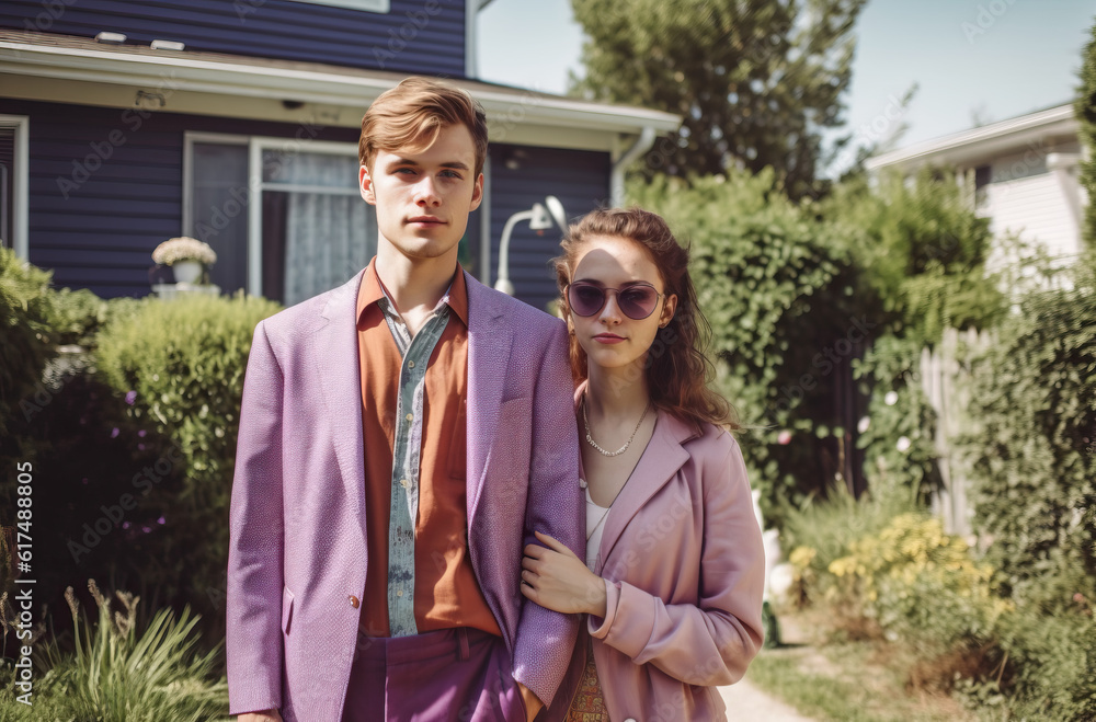 Fashionable Gen Z couple in front of house made with generative AI ...