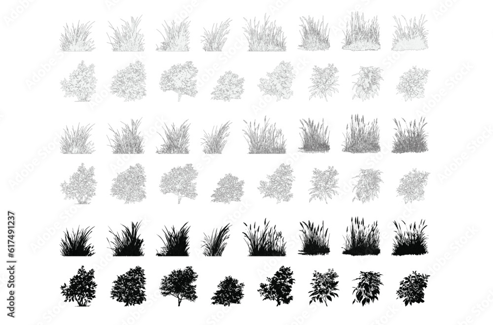 set of grass line cad and silhouettes isolated on white background ...