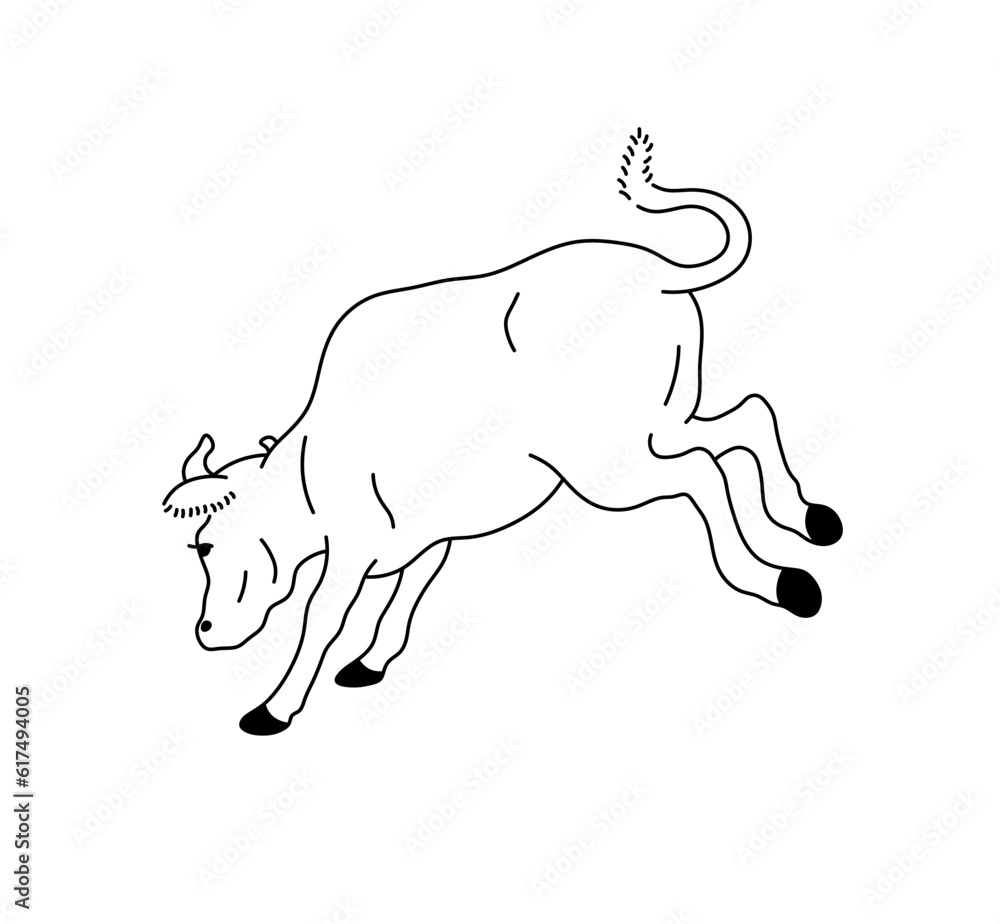 Vector isolated one single jumping kicking cow bull bach view colorless ...