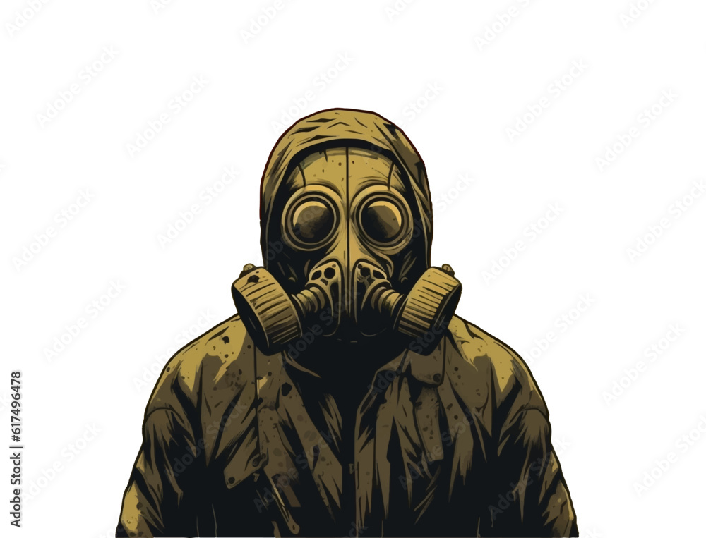Cartoon illustration of a man in a gas mask and overalls on an isolated ...
