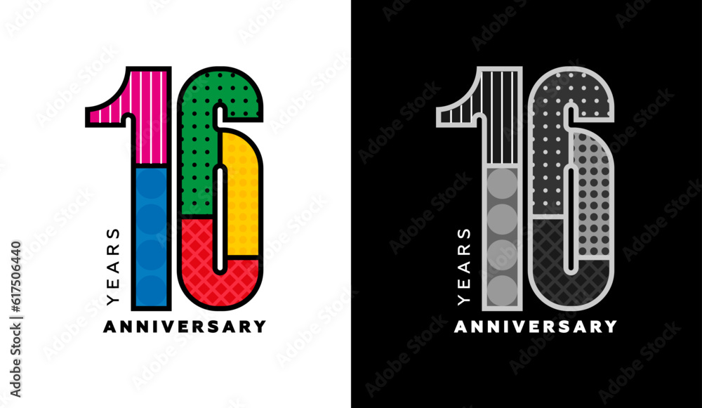 16th anniversary logo set, sixteen years badge, colorful logo for ...
