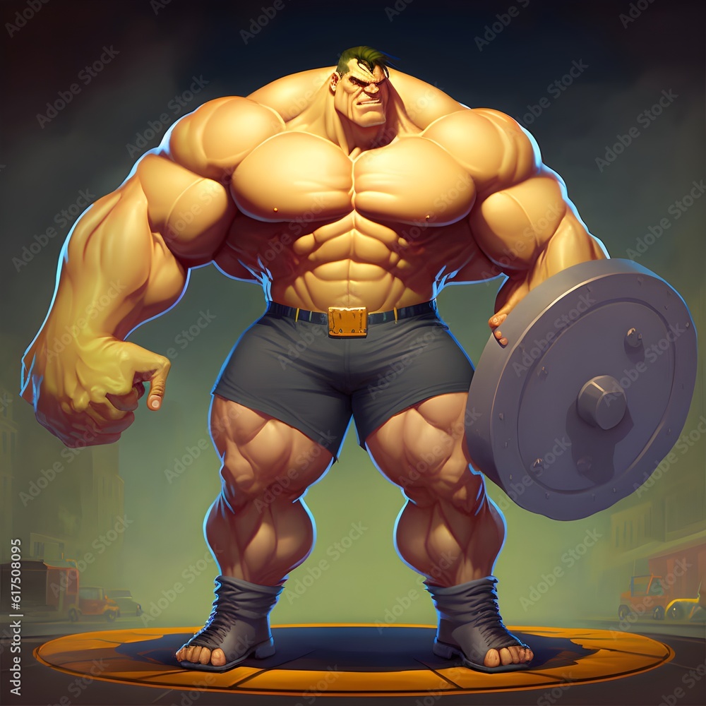 huge hulking muscle man holding a sheild long muscular arms and short ...