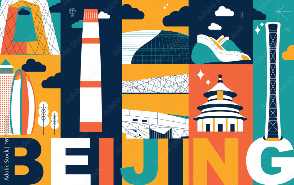 Typography word Beijing branding technology concept. Collection of flat ...