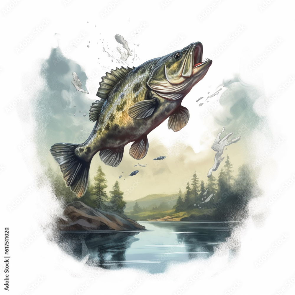 Bass jumping over water. Popular North American fish, illustration ...