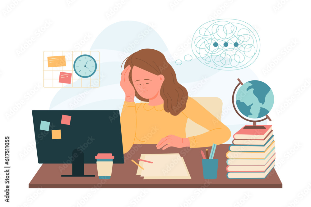 Difficulty in learning and work vector illustration. Cartoon sad tired ...