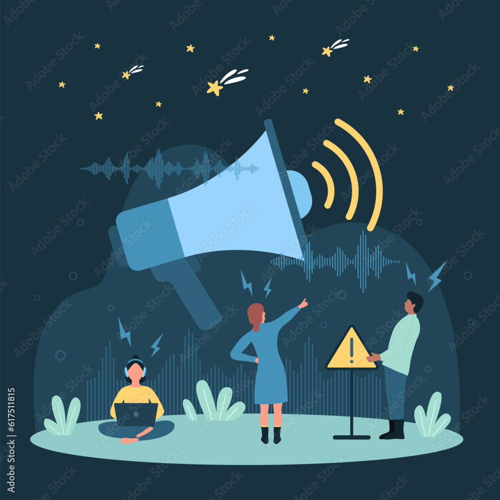 Cartoon tiny people suffering from loud sound and noisy spam of ...