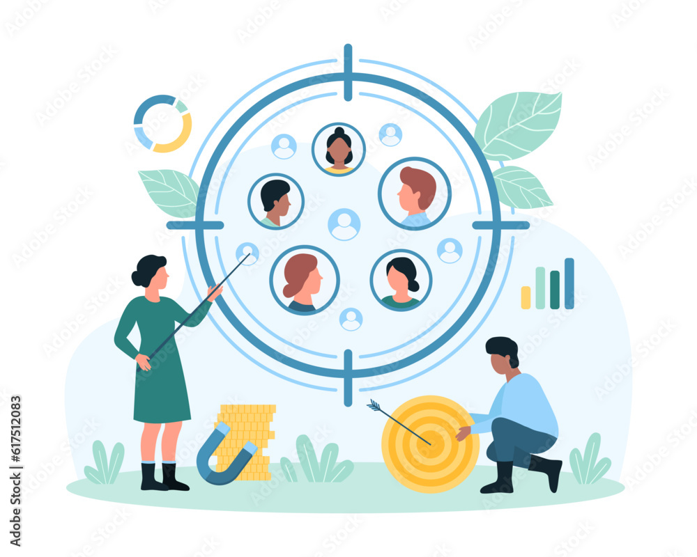 Target audience research service vector illustration. Cartoon tiny ...