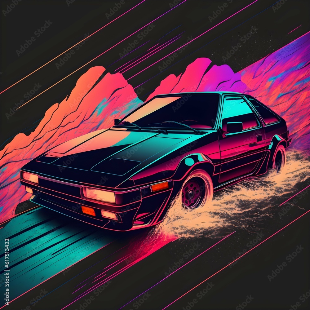 ae86 trueno flip up headlights action shot vaporwave neon epic graphic ...