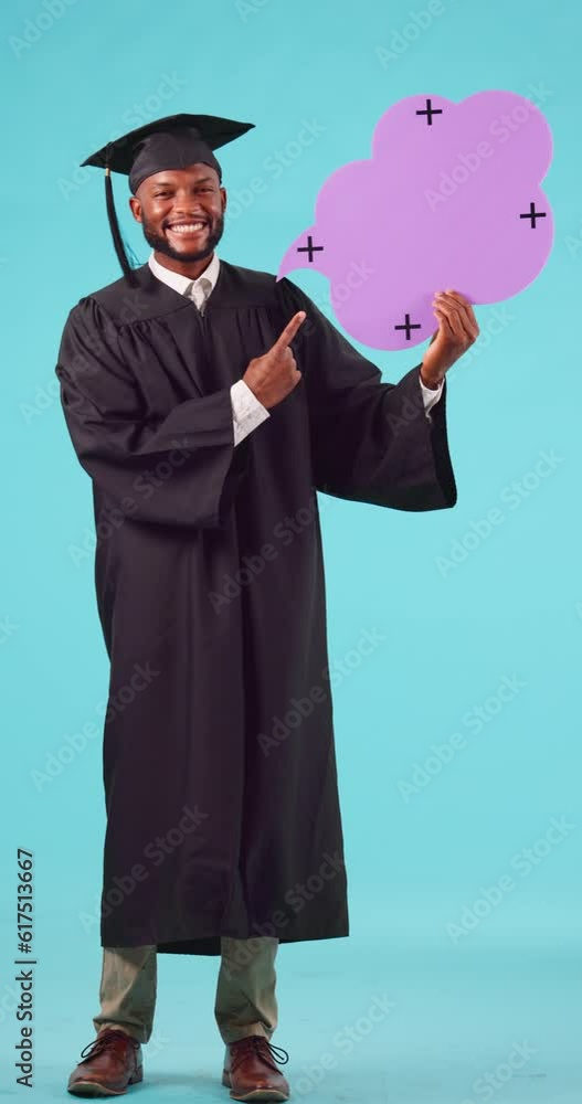 Black man, graduate and pointing at speech bubble for success ...