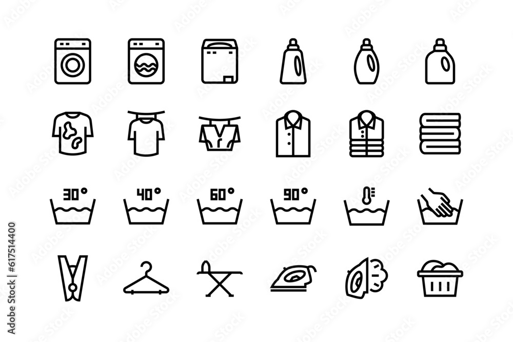 Laundry icon set with adjustable vector line weight including washing ...