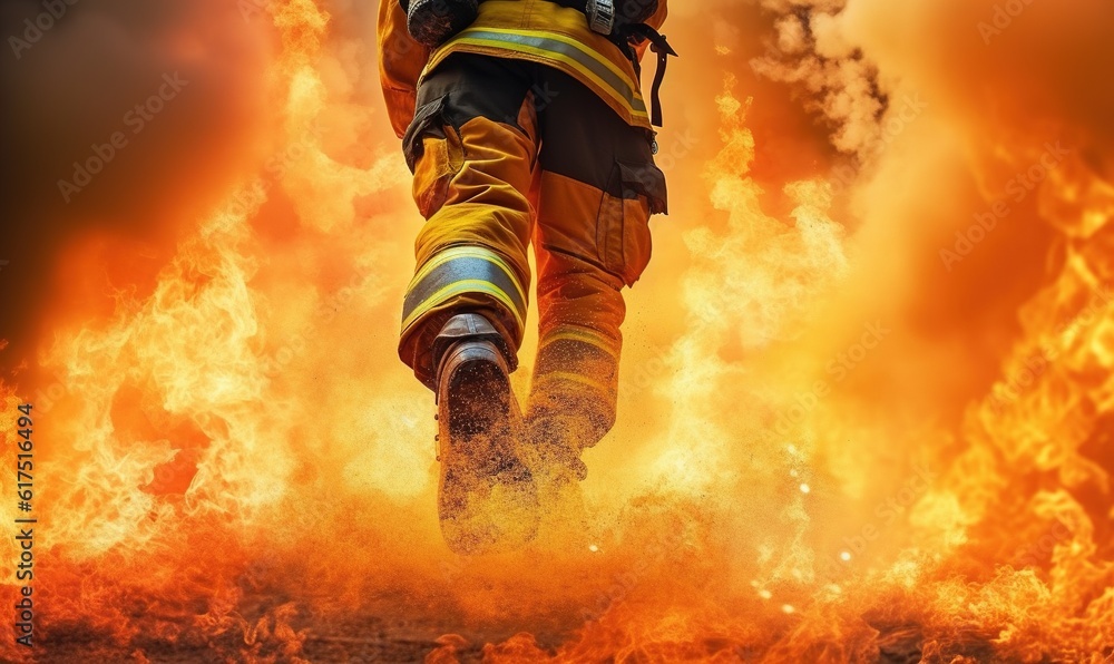dynamic ground view perspective of a fire man running through a fire ...