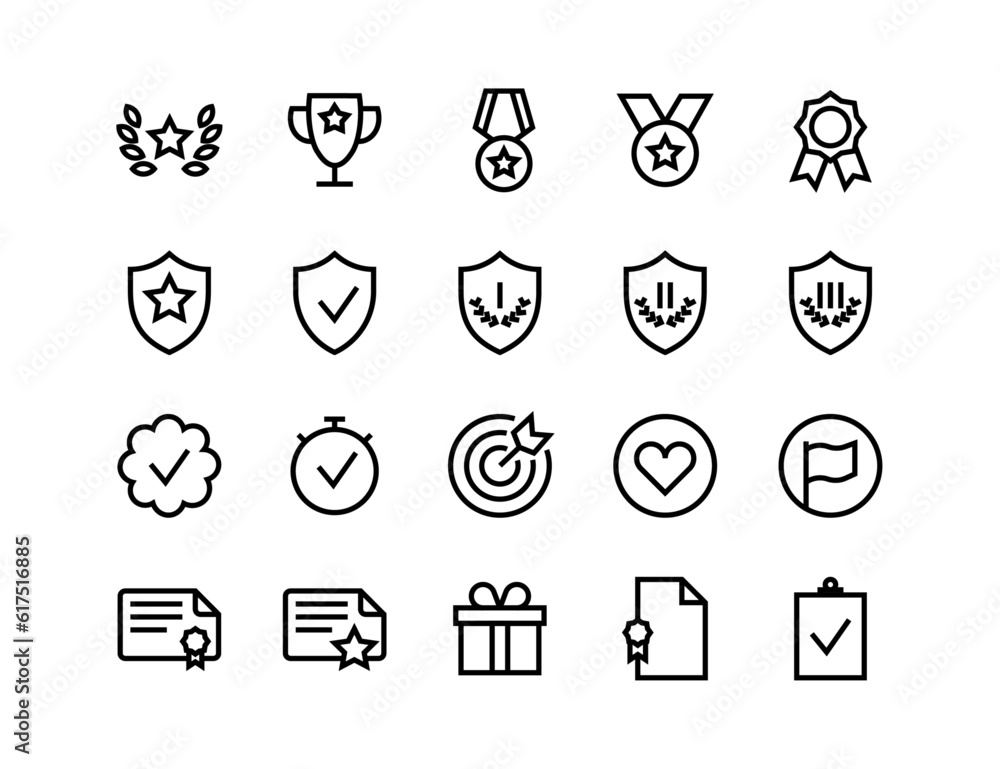 Achievements and awards icon set, adjustable line weight trophy, award ...