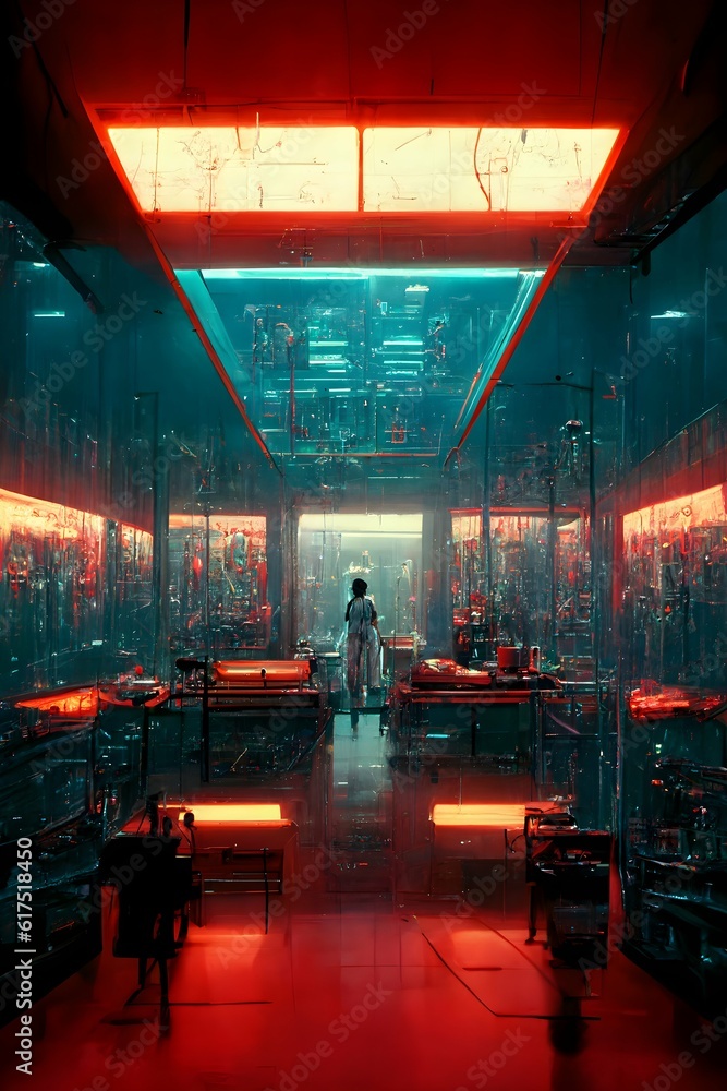 cyberpunk interior of humanoid testing facility laboratory architecture ...
