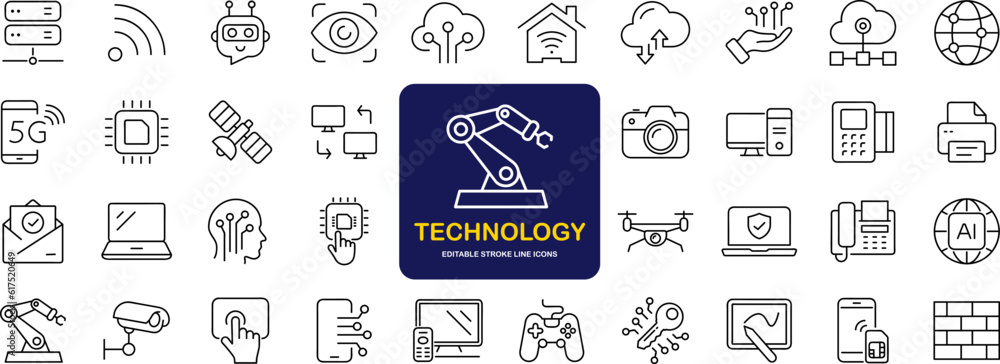 Technology set of web icons in line style. Information technology signs ...