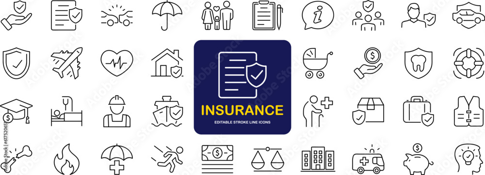 Vetor de Insurance set of web icons in line style. Insurance and ...