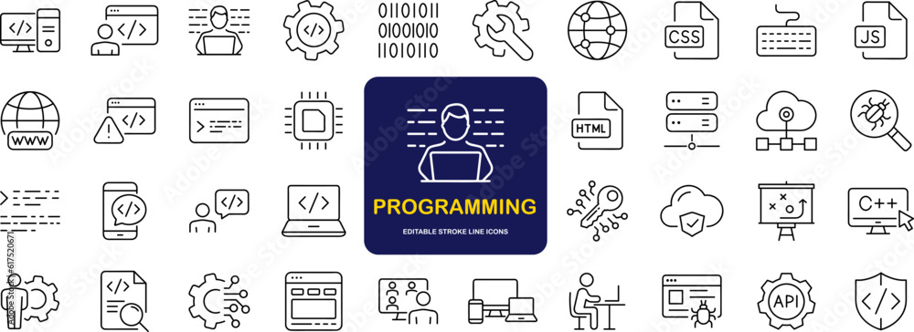 Programming coding set of web icons in line style. Software development icons for web and mobile ...
