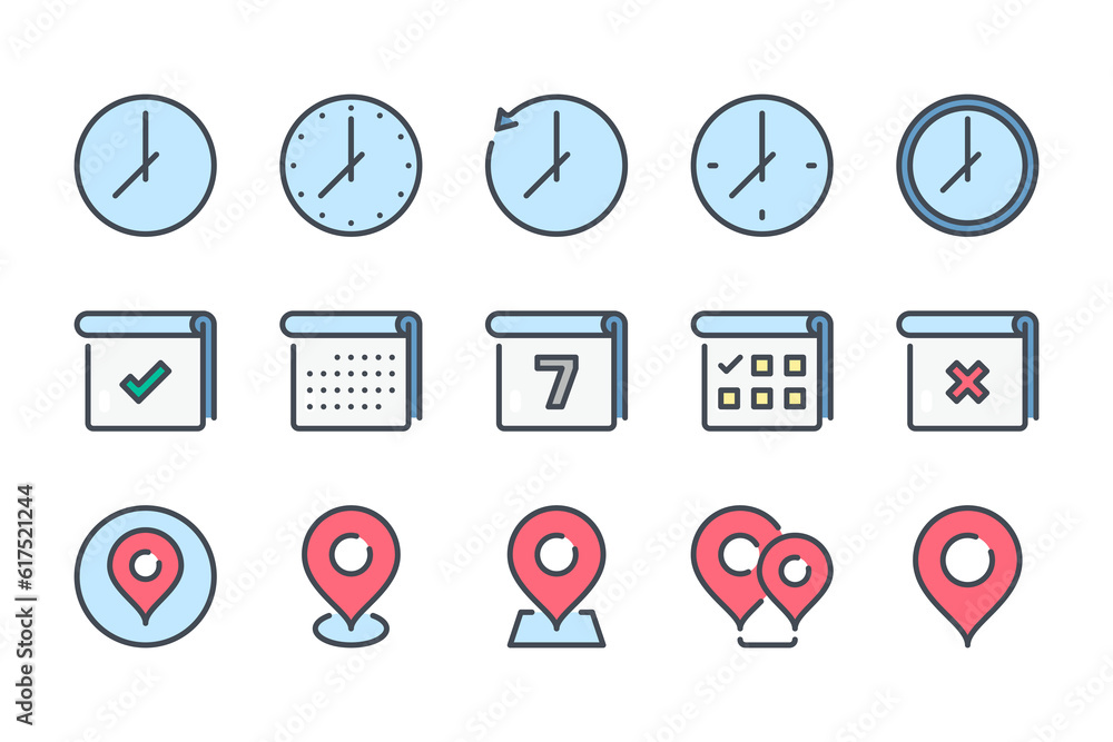 Time, Date and Place color line icon set. Clock, Calendar and Location ...