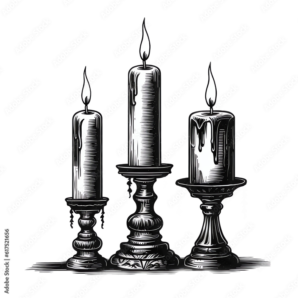 Gothic Black and White Drawing Candles Burning, Isolated Clipart ...