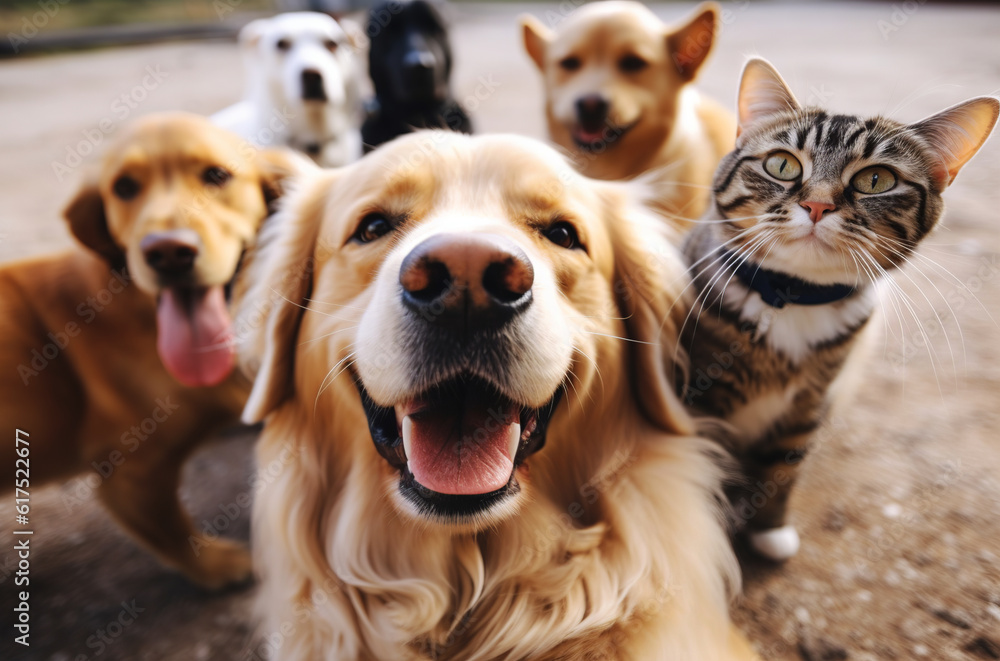 Dog taking a selfie photo with a group of cats and dogs in the ...