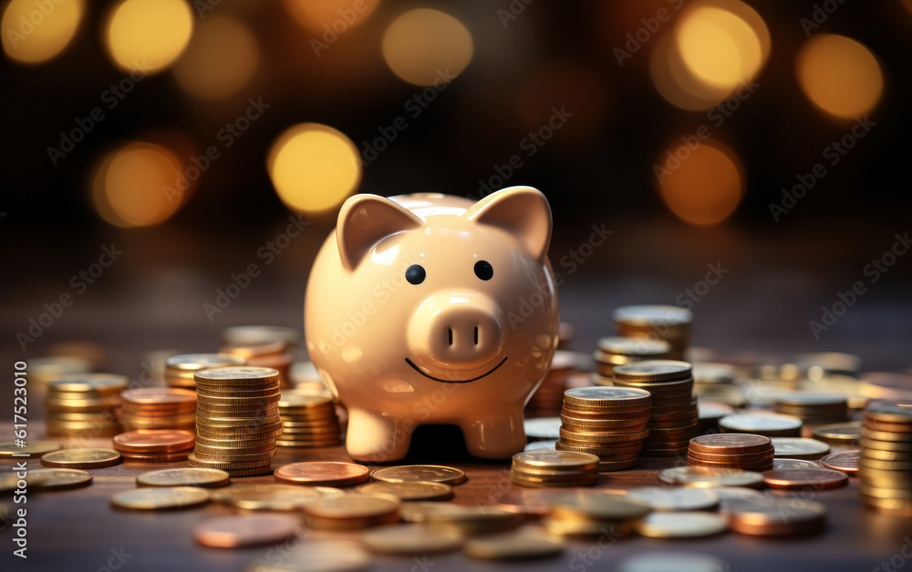 Piggy bank and coins lying on a table with blurry bokeh background ...