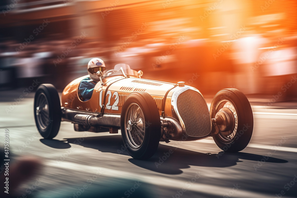A stunning, cinematic depiction of a vintage car race set in the ...