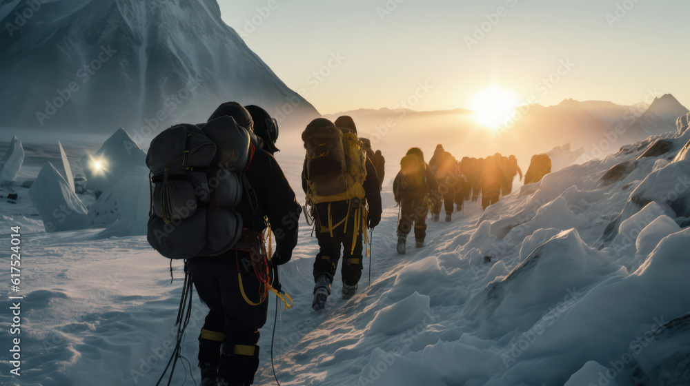 A group of climbers ascending a steep, icy section of Mount Everest ...
