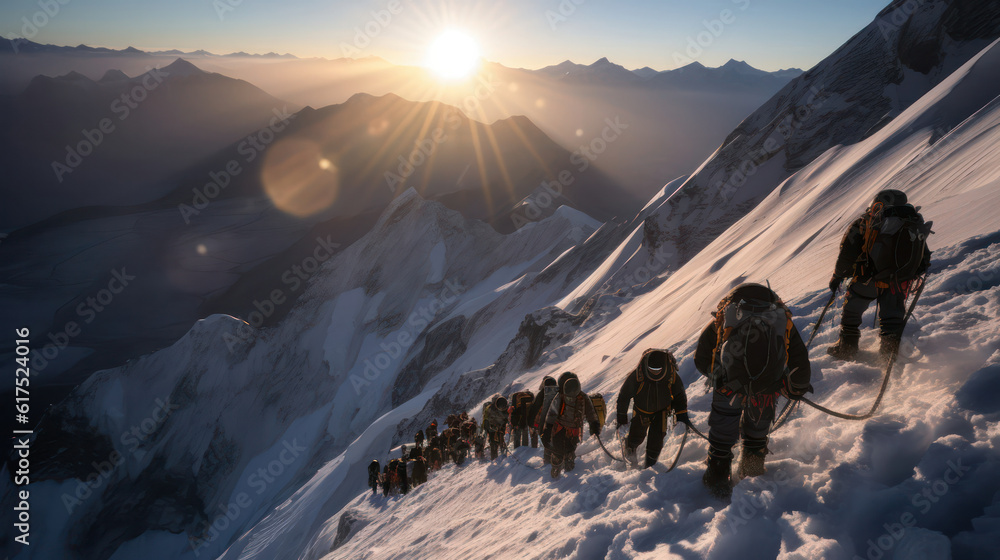 A group of climbers ascending a steep, icy section of Mount Everest ...