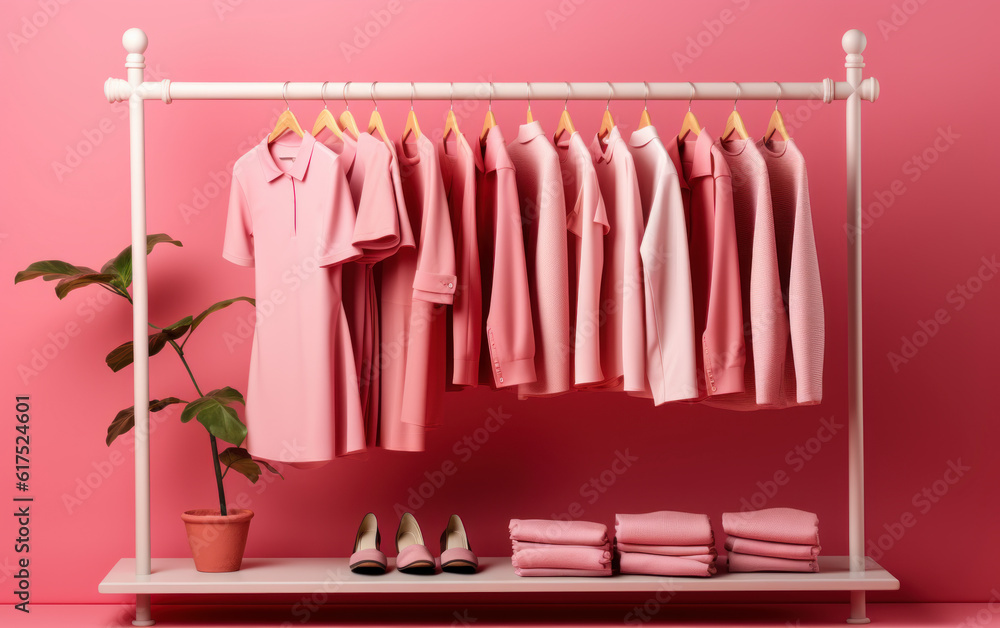 pink clothing rack against a pink backdrop, fashion concept background ...