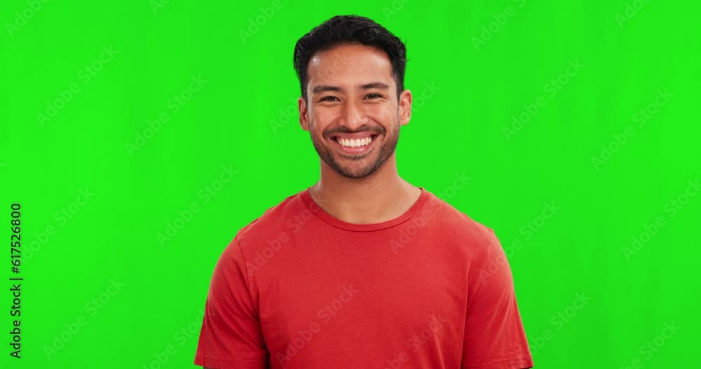 Happy, portrait of a man and laugh against a green screen for fun ...