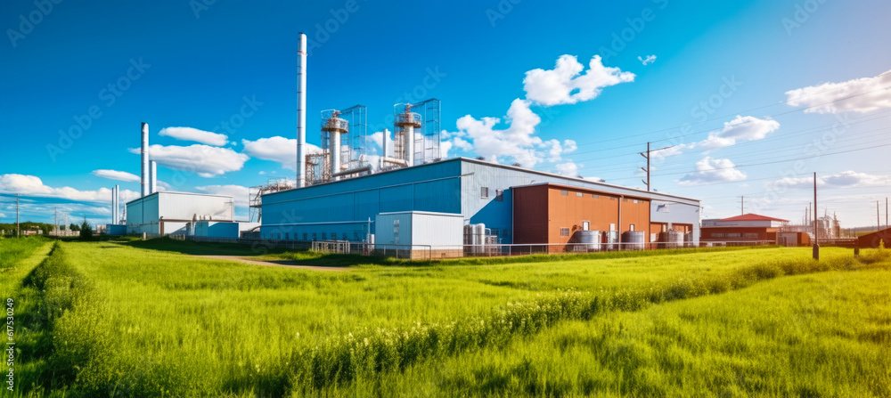 Hydrogen power plant, large steel tanks and pipes, wide angle photo ...