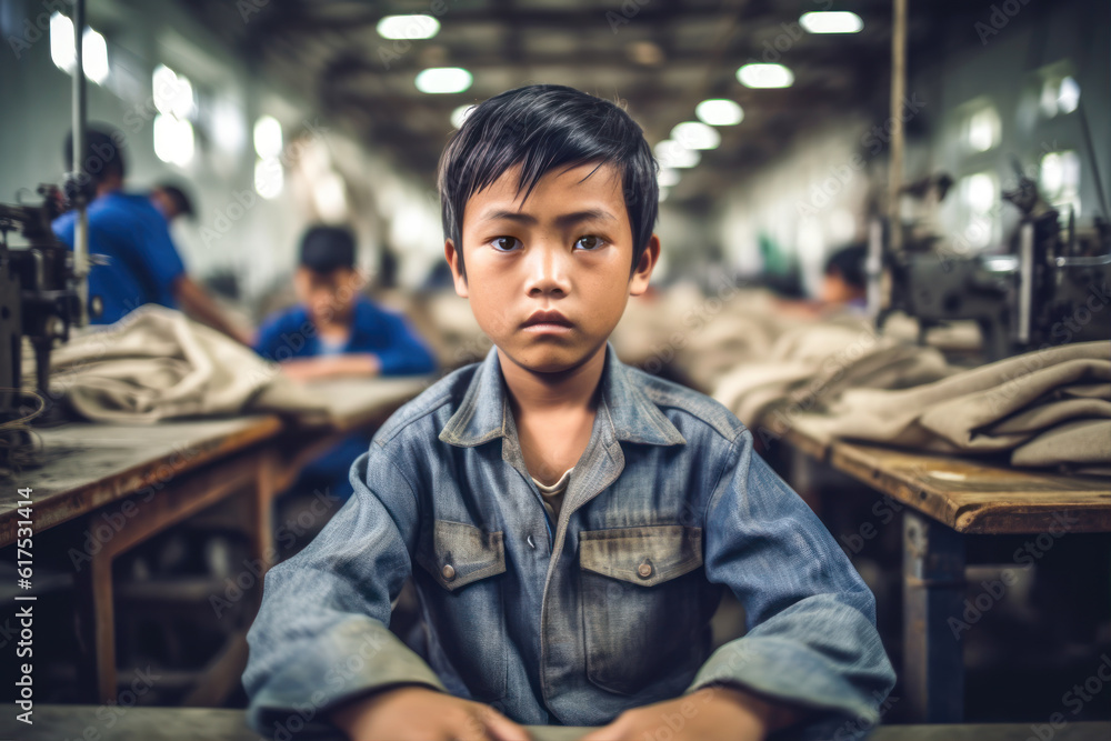 Small Asian boy portrait with blurred textile factory background ...