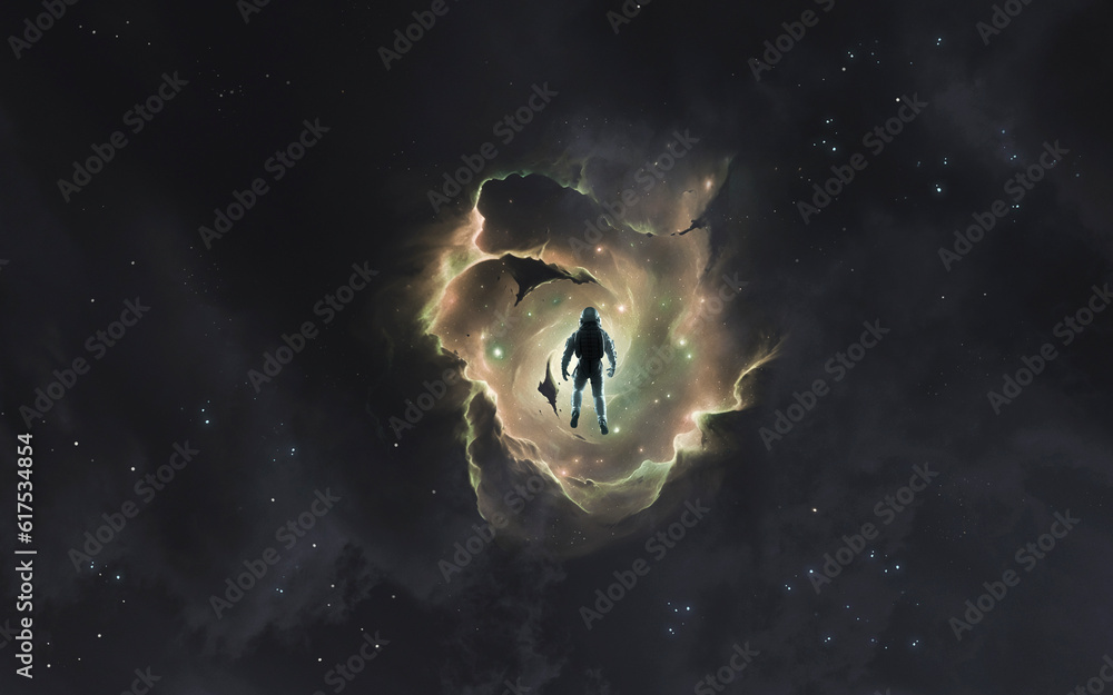 3D illustration of astronaut looking at deep space. Space walk. 5K ...