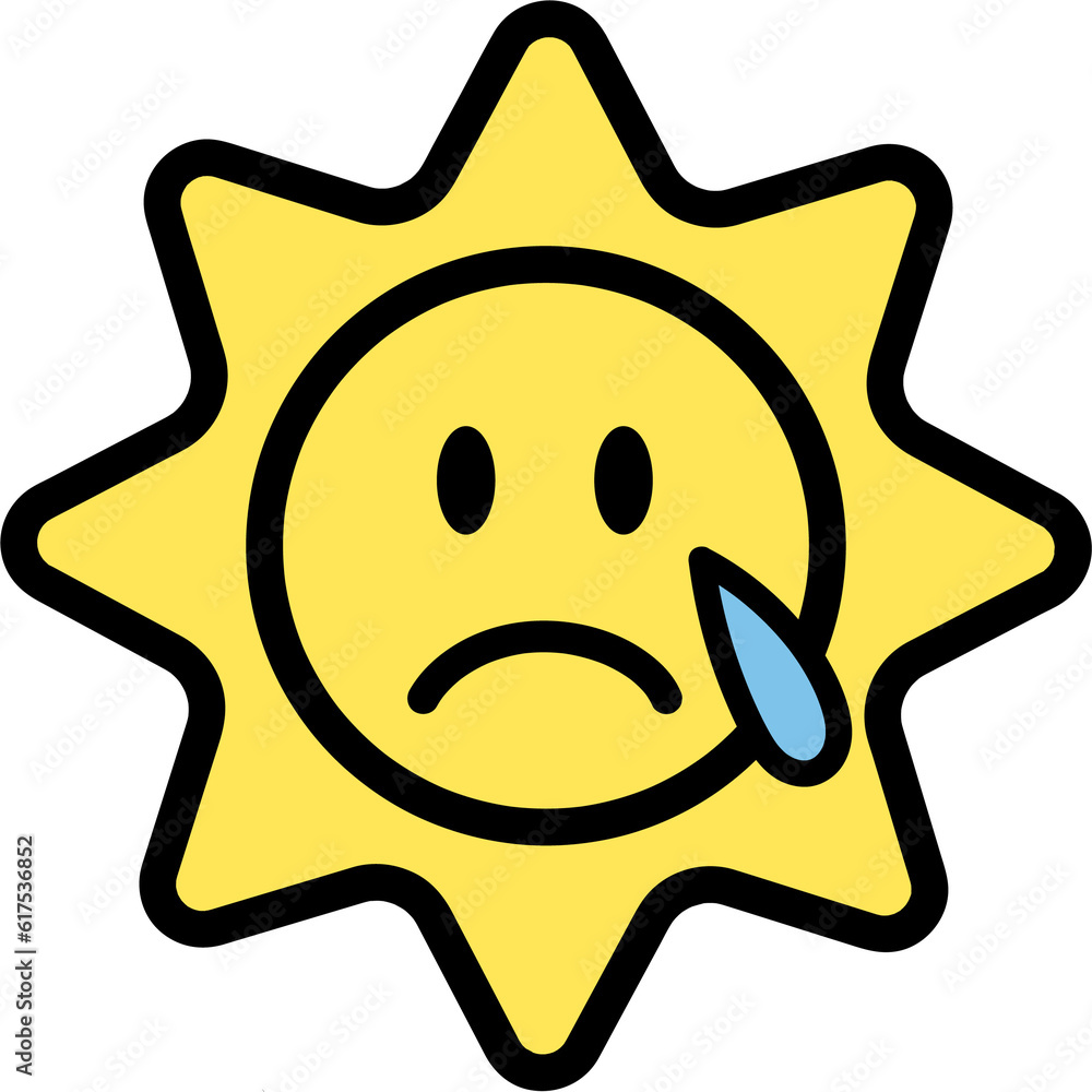 crying sun sticker, yellow symbol with black outline, cute sad emoji ...