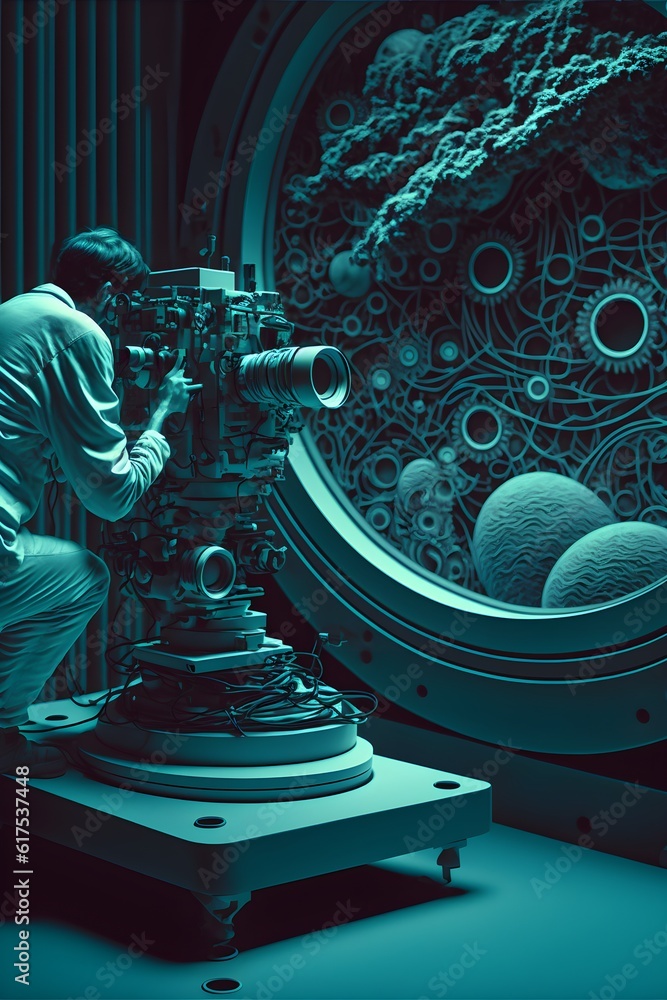 An astronaut researcher man 05 analyzing pollution from an electron ...