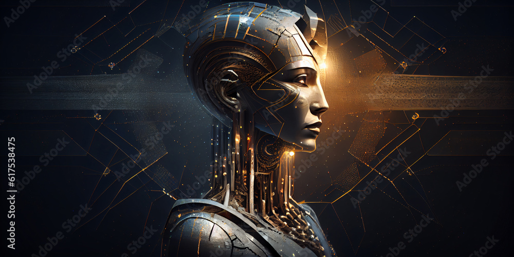 Portrait of an Egyptian pharaoh, in profile, in a space style, close-up ...