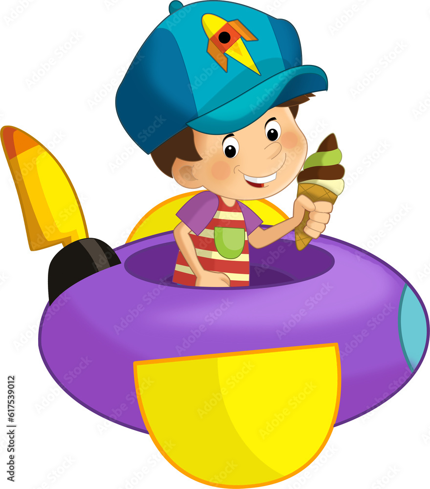 Cartoon kid on a toy funfair plane amusement park or playground ...
