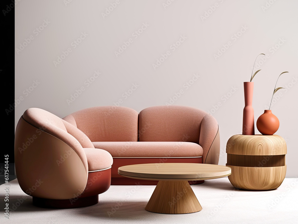 Red curved sofa and armchair near round coffee table against of white ...