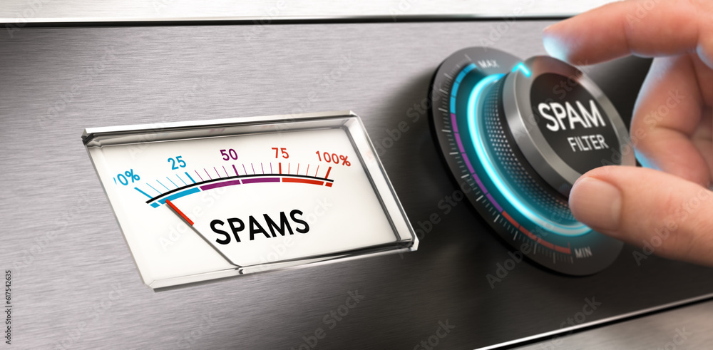 Conceptual image of an anti-spam filter, hand turning a knob to the ...