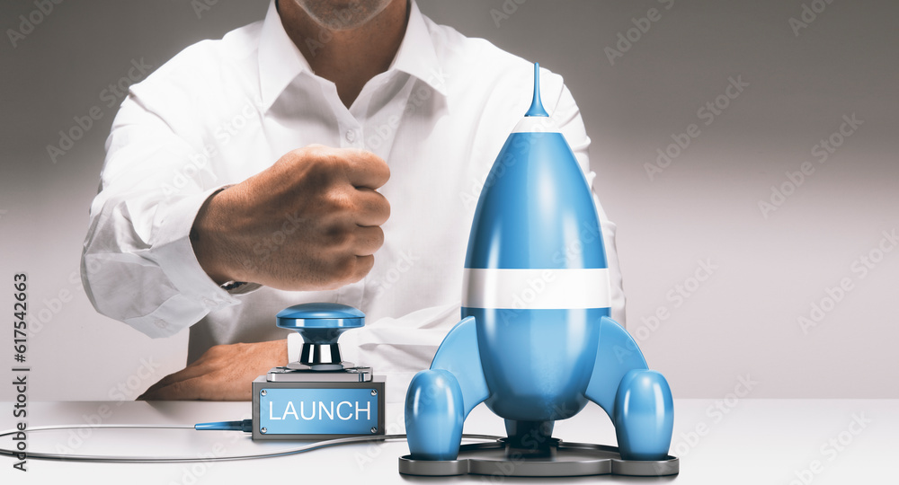 Man about to launch a rocketship. Advertising concept of company ...