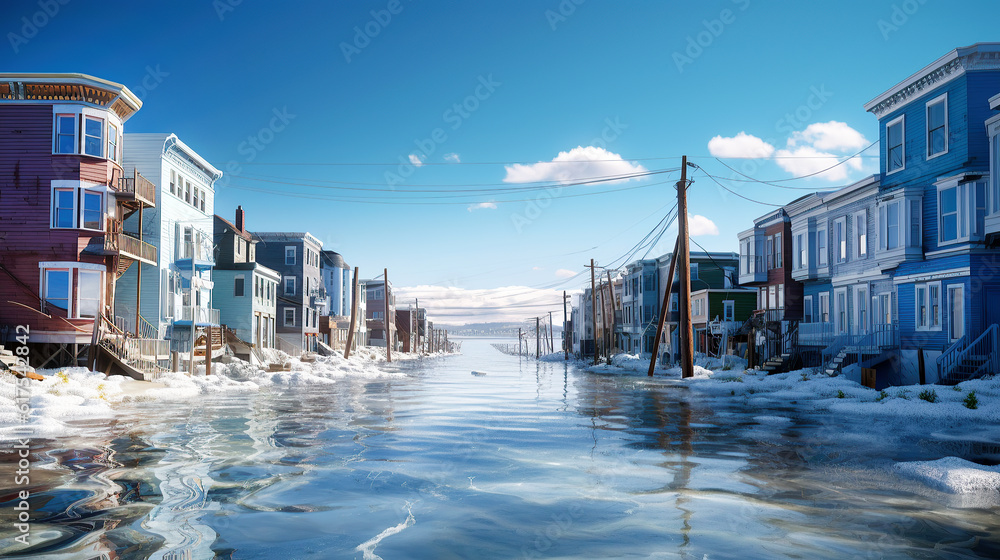 A flooded coastal city in Alaska from floods caused by rising sea ...