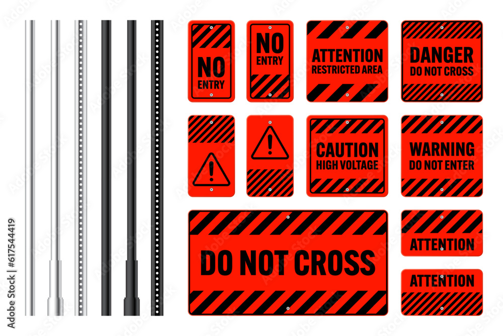 Warning, danger signs, attention banners with metal poles. Red caution ...