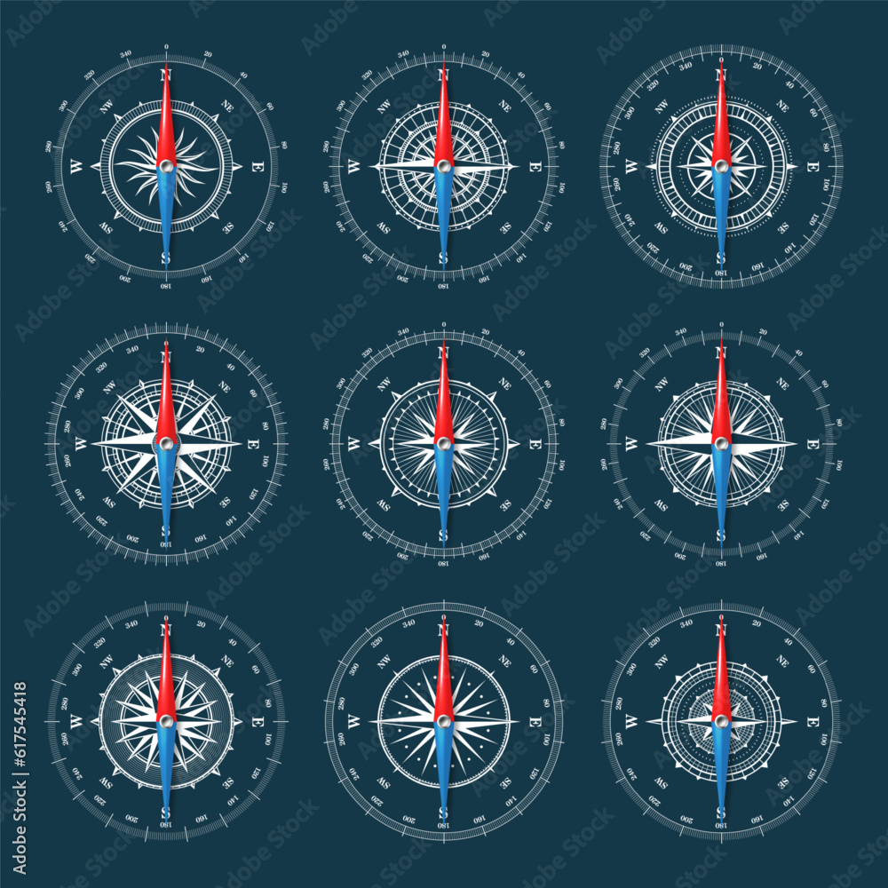 Marine compass, nautical wind rose with cardinal directions of North ...