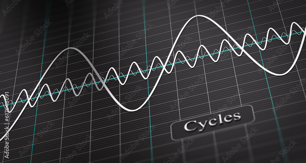 3D illustration of a diagram showing three waves over black background ...