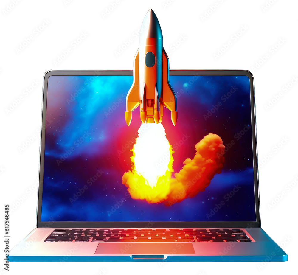 Rocket on laptop screen on PNG transparent background, startup concept ...