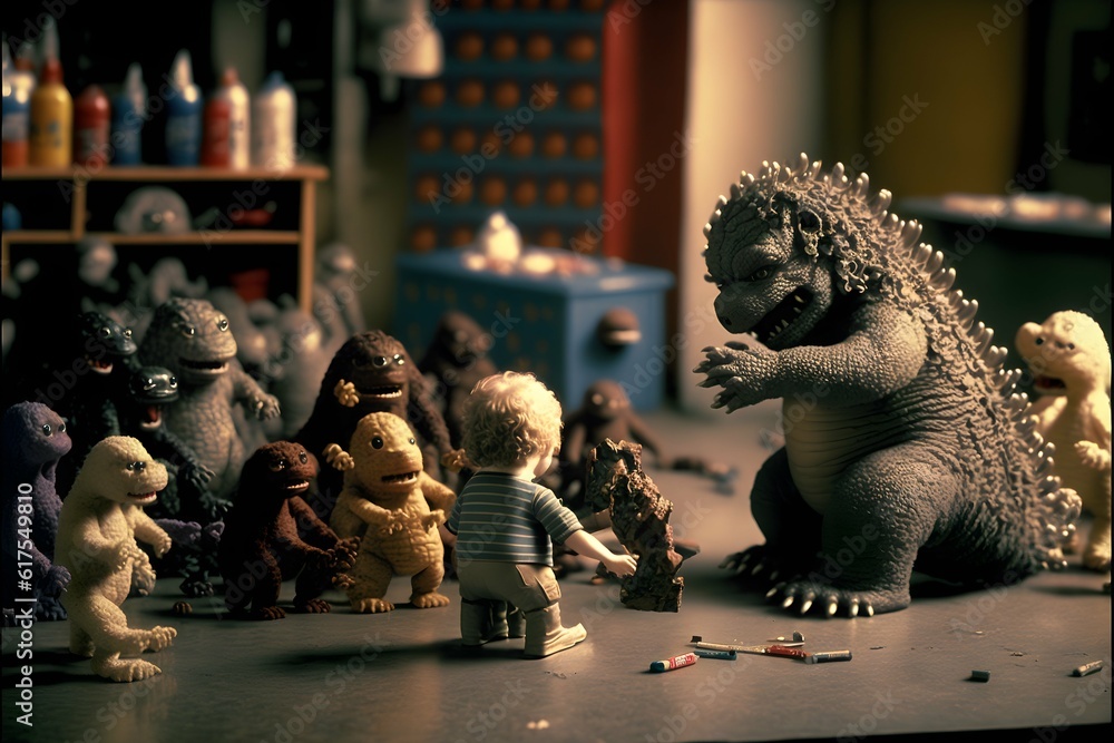tiny godzilla fighting a baby at daycare classroom and toys ...
