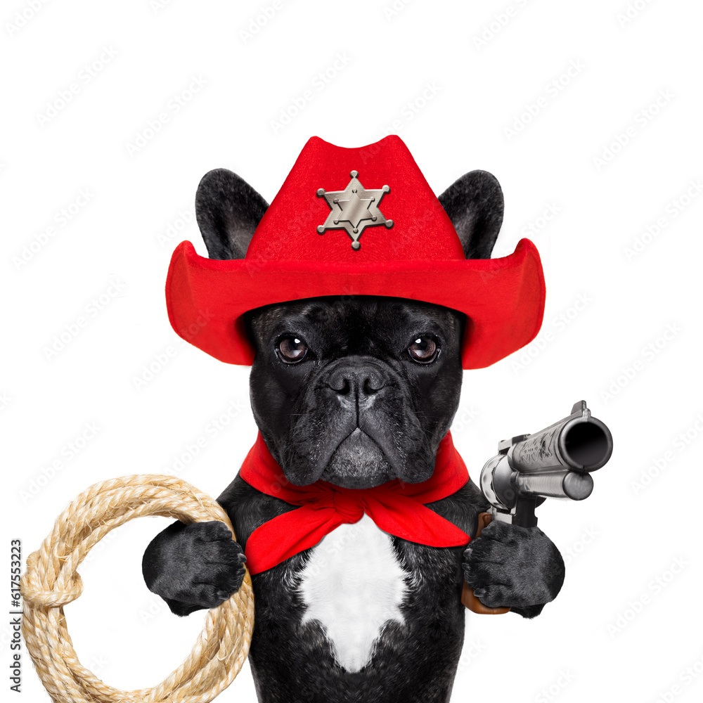 western cowboy sheriff french bulldog dog with rope , red scarf and ...